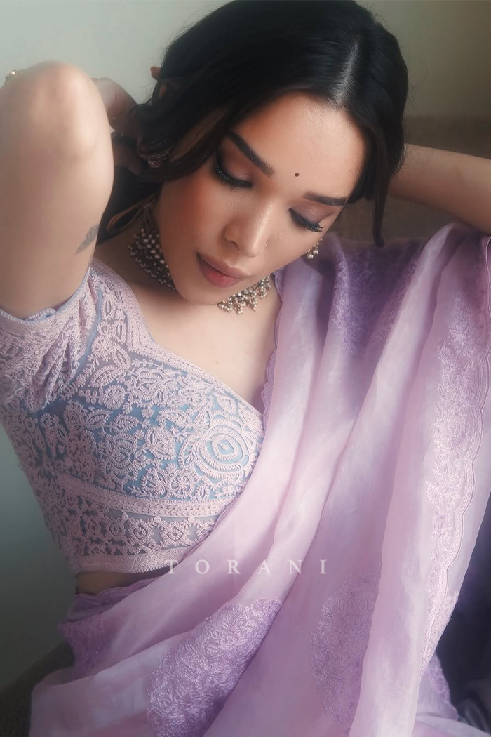Trinetra Haldar Gummaraju in our Bakaayan Aadira Geetika Saree Set – Torani India